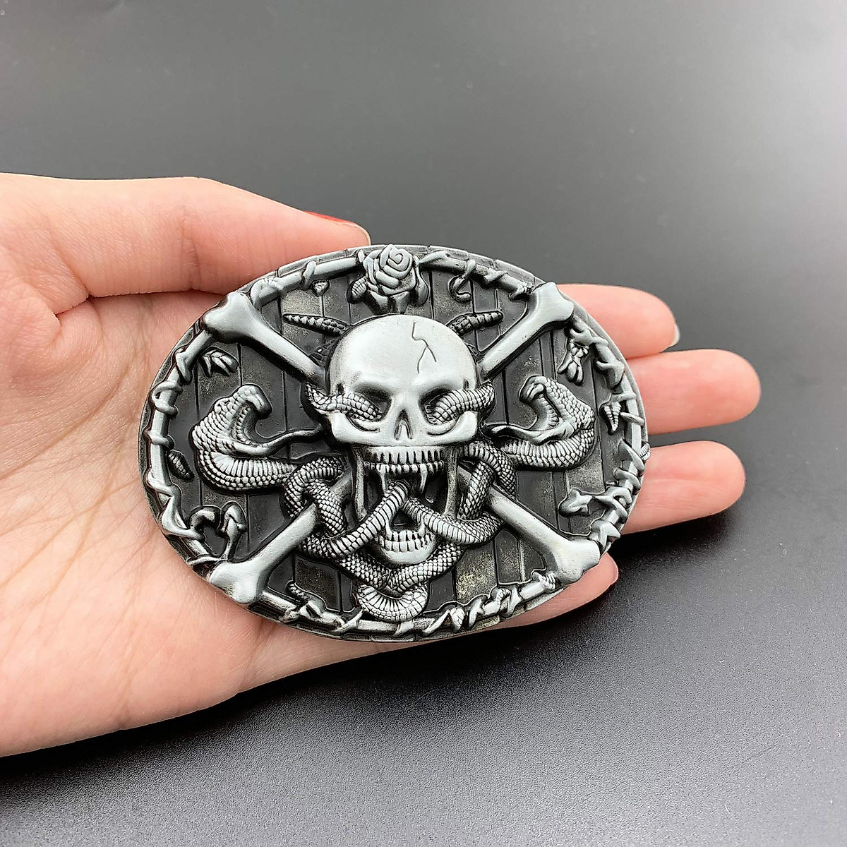 LAXPICOL Western Cowboy Cross Skull Snake Belt Buckle For Men Grey Tone Black Enamel