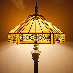 WERFACTORY Tiffany Floor Lamp Yellow Hexagon Stained Glass Mission Standing Reading Light 16X16X64 Inches Antique Pole Corner Lamp Decor Bedroom Living Room Home Office S011 Series