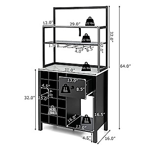 Giantex Sideboard with Hutch Shelf, Buffet Wine Cabinet, 18 Bottles Wood Wine Rack, 1 Drawer, Standing 4-Tier Bakers Rack with Glass Holder, Kitchen Microwave Stand Living Room Black