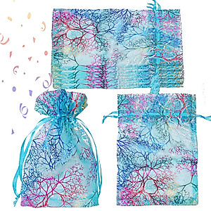 YEKOLEYO 50PCS 5X7 Inches Coral Pattern Organza Drawstring Gift Bags Blue Organza Pouch for Jewelry Candy Chocolate Party Christmas Baby Shower Wedding Favor Gift Bags