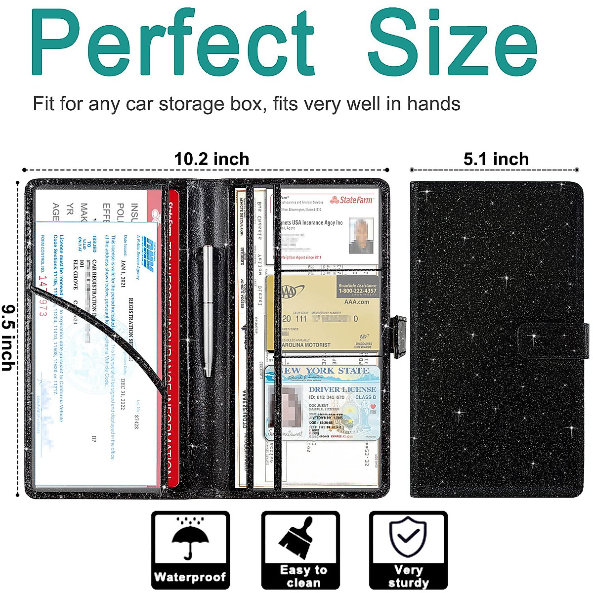 RSAquar unisex Car Registration and Insurance Holder, Vehicle Glove Box Organizer Cool Car Accessories, Car Document Holder for Cards, Driver License and Essential Document, Black Glitter