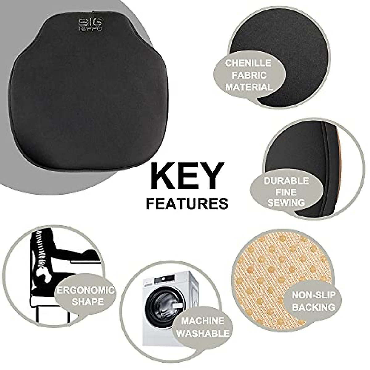 Big Hippo Chair Pads Memory Foam Chair Cushion for Dining Chairs Non Slip Kitchen Dining Chair Pad and Seat Cushion with Ties,Thicken Dining Chair Seat Cushion,16"x15"(1 Pack, Black)