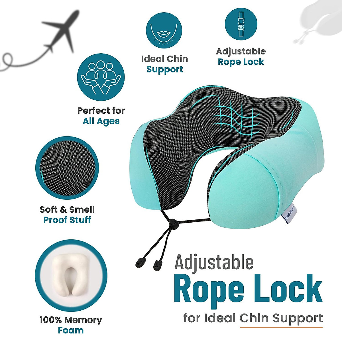 Adjustable Travel Pillow for Neck Support & Comfort, Lightweight Memory Foam Travel Neck Pillow for Sleeping - Washable & Breathable Plane Pillow for Traveling with Eyemask, Earplug & Carry Bag