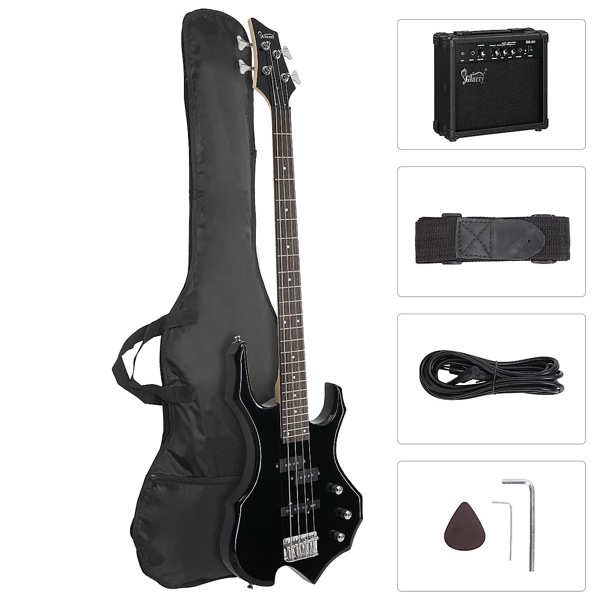 GLARRY Electric Bass Guitar 4 Strings Buring Fire Style Single Coil - Split Single Coil Pickups for Beginner Adults Right Hand w/ 20W Amp, Bag, Strap and Cord (Black)