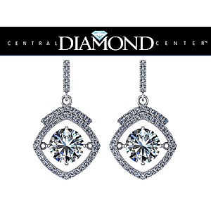 Central Diamond Center Square Halo Dancing Gemstone Dangle Earrings Sterling Silver with Pure Brilliance CZ, Platinum Plated