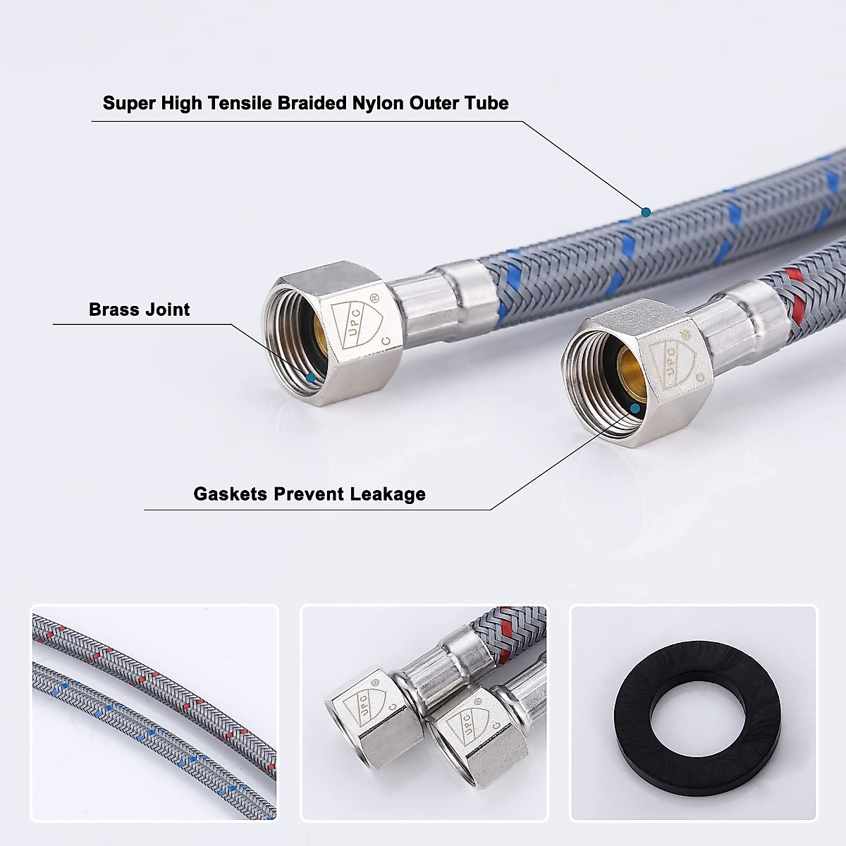 ARCORA 40" Bathroom Faucet Hose, Braided Nylon cUPC Supply Lines 3/8" Female Comp × M10 Male (1 Pair)