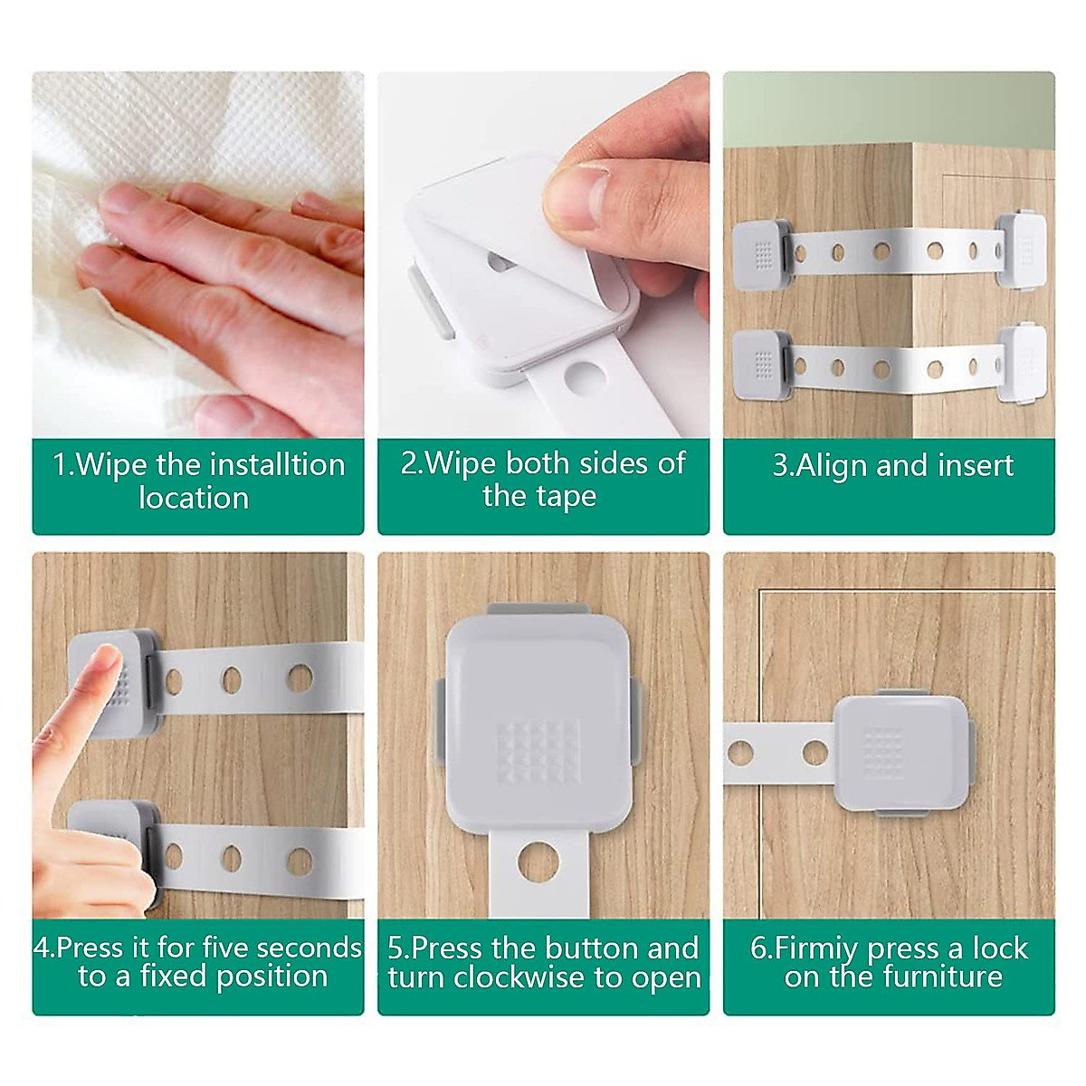 Wihano Child Safety Locks for Cabinets and Drawers (4 Pack) | Adjustable Baby Drawer Lock with Acrylic Adhesive, Baby Safety Lock for Cabinets, Drawers, Refrigerator | No Drilling