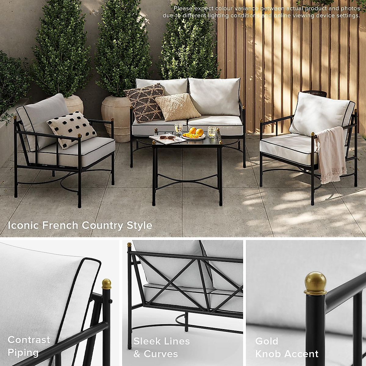 mopio Odelia Patio Furniture Set of 4, Outdoor Sectional Conversation Set, Small Metal Backyard, Front Porch, Balcony Furniture for Apartments, with Patio Chairs Set of 2, Loveseat, Coffee Table
