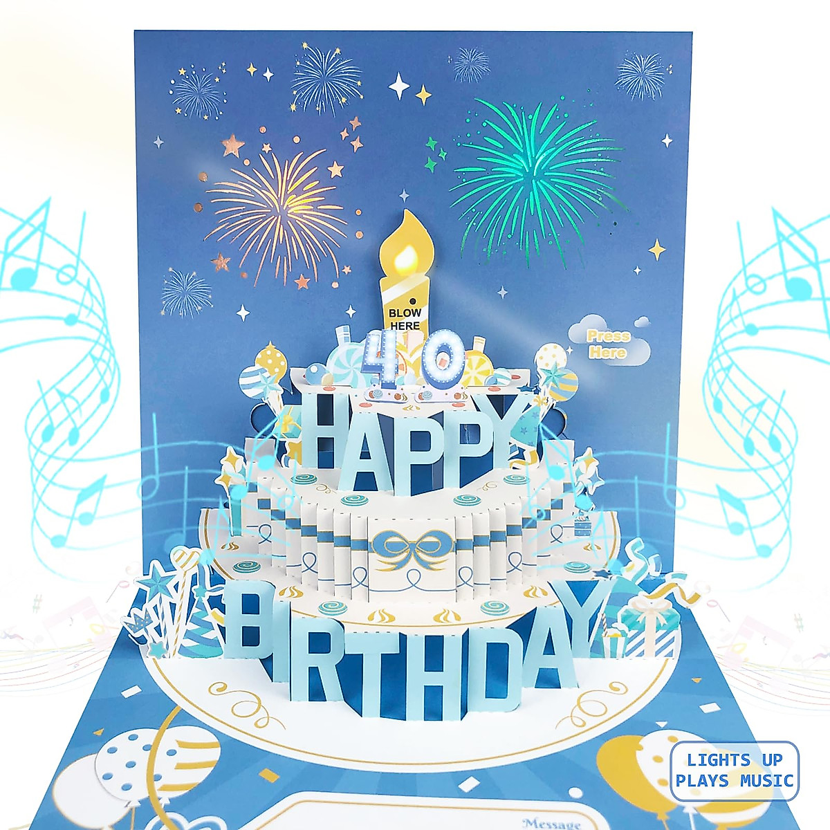 DTESL 40th Musical Birthday Cards with Light and Music, Blowable, 3D Birthday Popup Cards for Men & Women– Plays Hit Song 'HAPPY Birthday' (40th)