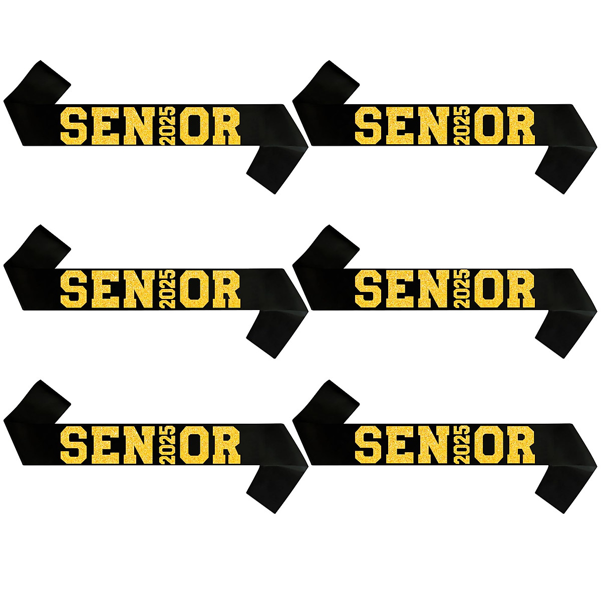 6Pcs Black Senior 2025 Satin Sashes with Gold Glitter Letters- 2025 Graduation Celebrations Sashes - Senior Cheer Sash - Cheerleader Sash - Class Competition Sashes