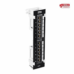 TRENDnet 12-Port Cat5e Unshielded Patch Panel, Wall Mount, Included 89D Bracket, Vertical or Horizontal Installation, Compatible with Cat5e & Cat6 RJ45 Cabling, Black, TC-P12C5V
