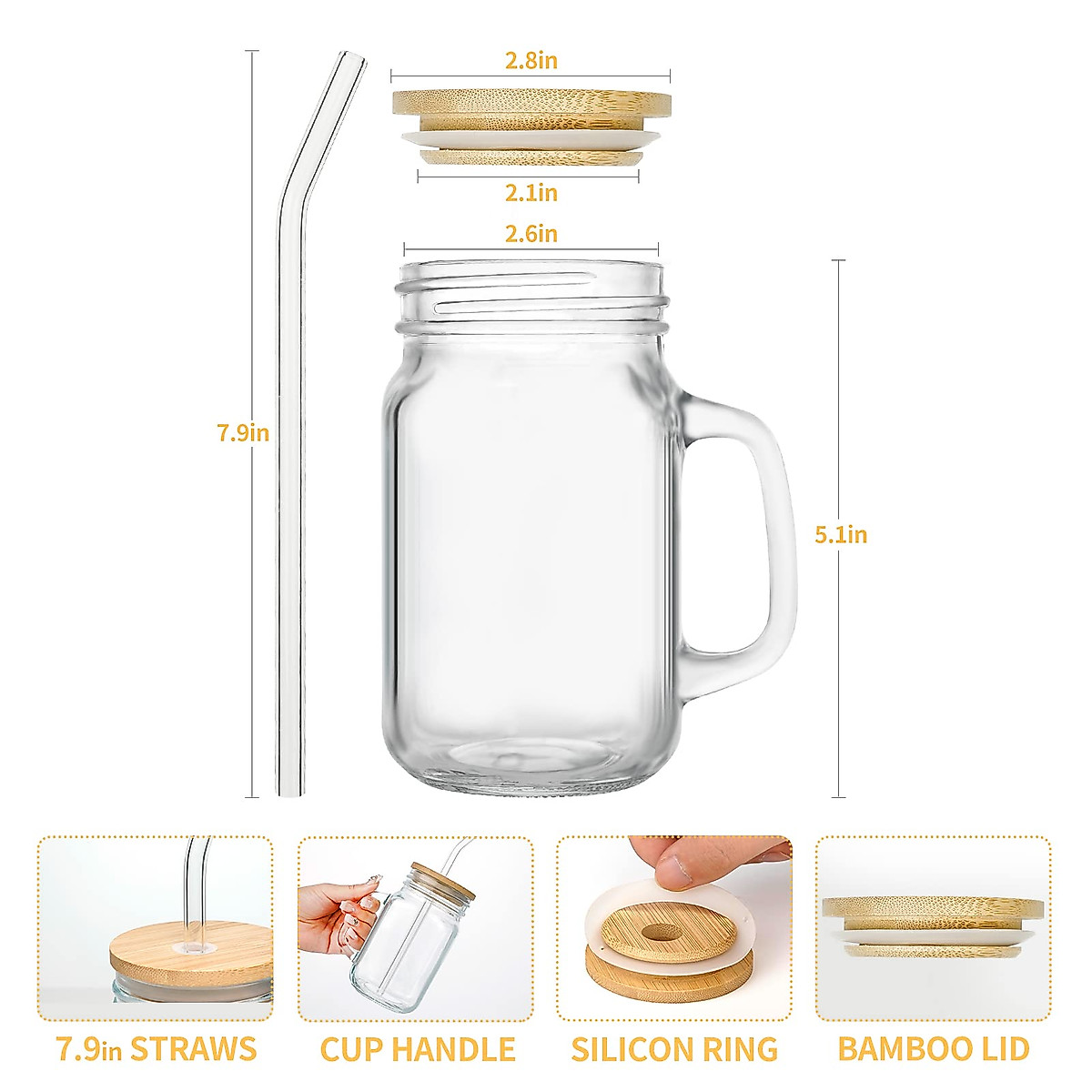 Mason Jars with Handle, Mason Jars Glass Cups with Bamboo Lid , Colorful Airtight Lids & Straws, 16 oz Reusable Boba Bottle, Iced Coffee Cup, Travel Tumbler for Bubble Tea, Smoothie, Juice - 4 Pack