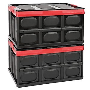 Lidded Storage Bins 2 Pack 30L Collapsible Storage Box Crates Plastic Tote Storage Box Container Stackable Folding Utility Crates for Clothes Books,Snack, Fruits Vegetables Grocery Storage Bin-Black