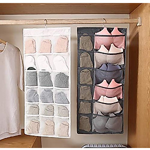 Closet Hanging Organizer with Mesh Pockets & Rotating Metal Hanger,Dual Sided Wall Shelf Wardrobe Storage Bags,Oxford Cloth Space Saver Bag for Bra Underwear Underpants Socks(white,30 Pocket)