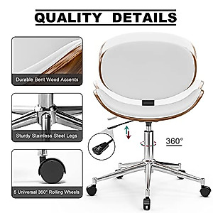 OKAKOPA White Desk Chair Small Office Chair 360° Swivel Height Adjustable Modern Office Chair Ergonomic Curved Wood Desk Chairs Leather Armless Desk Chair with Wheels (White with Wrap Edge)