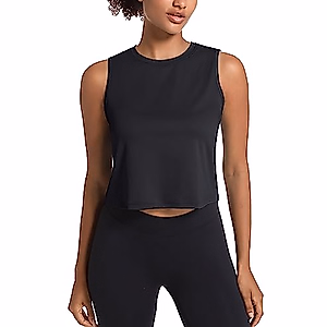 MAGCOMSEN Women's Crop Tops UPF 50+ Athletic Running Workout Cropped Tank Tops Sleeveless Gym Sports Muscle Shirts Black S
