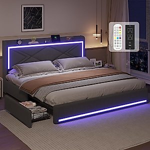 BTHFST King Bed Frame with LED Lights Headboard & USB-C/A Charging Station, Modern Upholstered King Size Platform Bed with Storage Drawers, No Box Spring Needed, Dark Gray