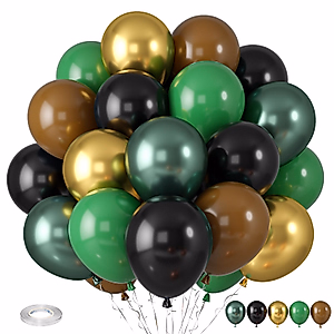 Green and Brown Balloons, Dark Emerald Green Balloon Camouflage Green Black Brown Balloons, Metallic Green Gold Balloons for Camping Game Jungle Theme Camo Birthday Baby Shower Army Party Decorations