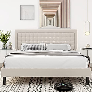 HIFIT King Bed Frame, Button Tufted Upholstered Platform with Adjustable Headboard, Mattress Foundation with Sturdy Frame, No Box Spring Needed, Easy Assembly, Beige