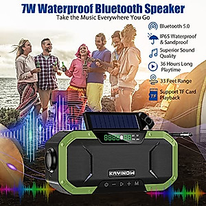 Emergency Hand Crank Solar Radio,Waterproof Bluetooth Speaker,AM FM NOAA Portable Digital Weather Radio with Flashlight,Reading Lamp,5000mAh Cell Phone Charger,SOS Alarm,Compass,Survival Camping Gear