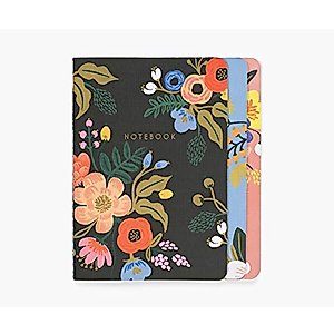 RIFLE PAPER CO. Lively Floral Stitched Notebook Set, Set Of 3 Notebooks, 64 Ruled Pages With Gold Ink, Canvas Paper Cover With White Text Paper Interior