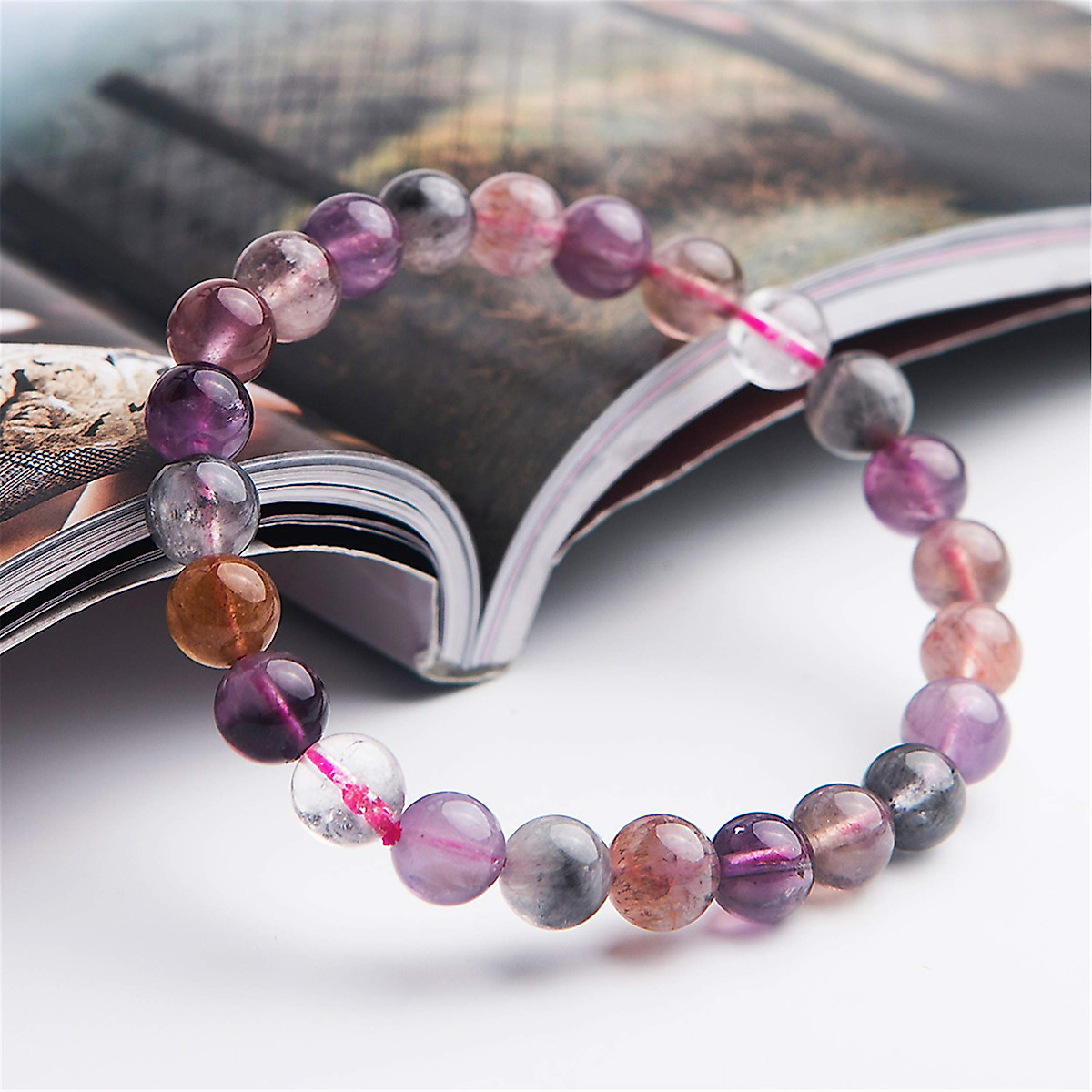 Colorful Natural Cacoxenite Auralite 23 Crystal Round Bead Woman Bracelet 7mm