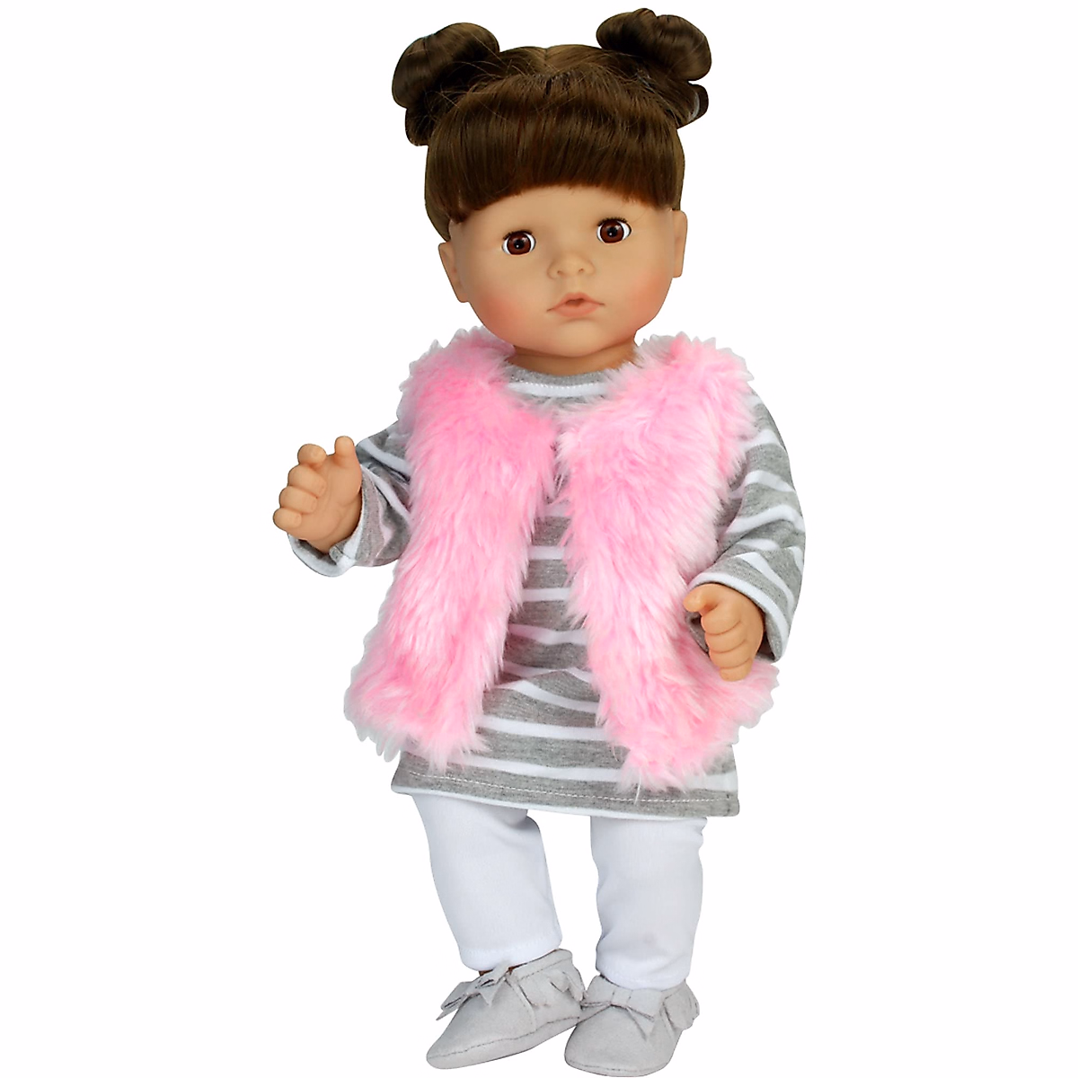 Sophia's 15 inch Baby Doll Clothes & Accessories Set with Striped T-Shirt Dress, Shaggy Vest, Solid White Leggings, & Suede Moccasin Shoes for 15" Girl Dolls, Pink/Gray