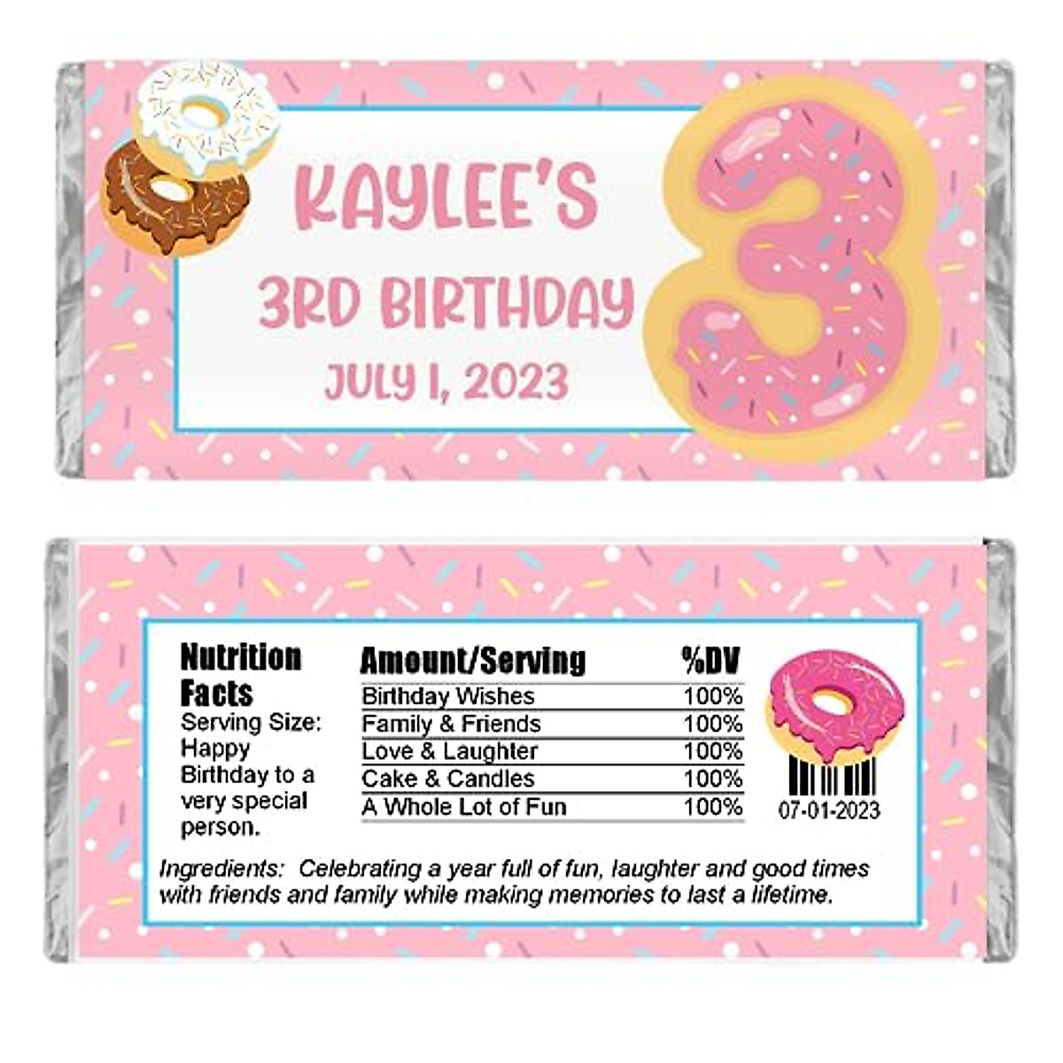Personalized Candy Wrappers for Chocolate, Donut Birthday Party Favors, Pack of 20 Custom Hershey Bar Labels (Pink)