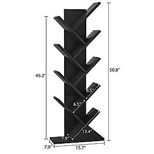 Topfurny Tree Bookshelf, 9-Tier Shelf Rustic Brown Bookcase, Retro Wood Storage Rack for CDs/Movies/Books, Anti-Fall Utility Organizer Shelves for Living Room, Bedroom, Home Office, Black