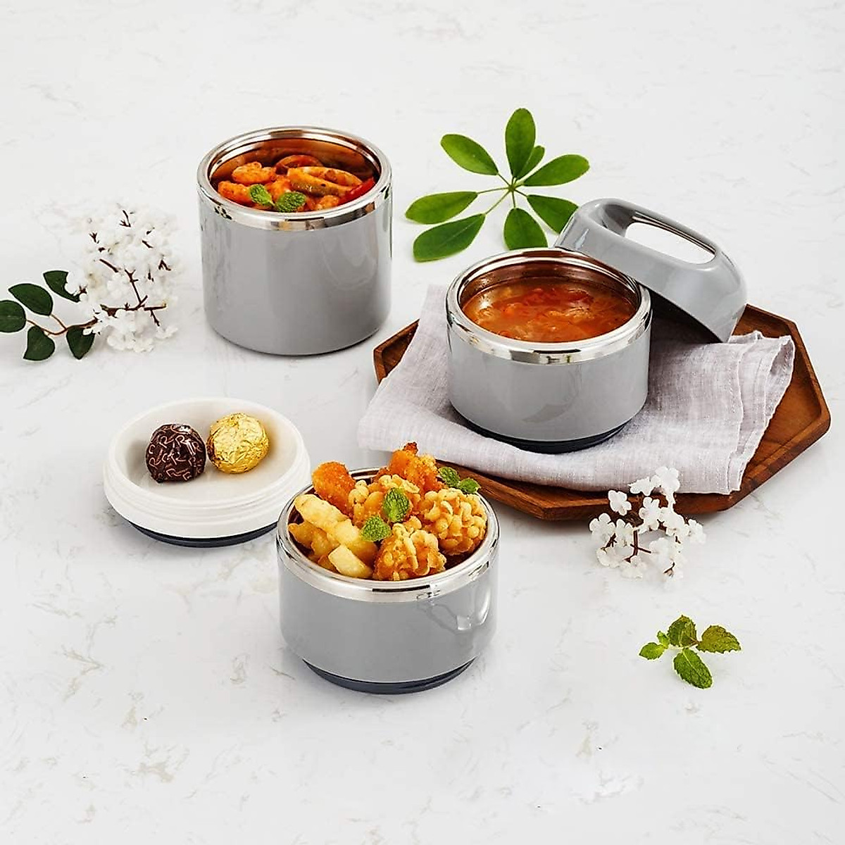 Lille Home Stackable Stainless Steel Thermal Compartment Lunch/Snack Box, 3-Tier Insulated Bento/Food Container with Upgraded Lunch Bag, Portable Cutlery Set and 3 Extra Silicone Seals, 43 OZ, Gray