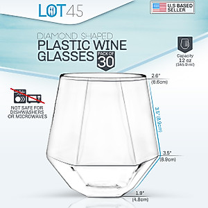 Lot45 Diamond Shaped Plastic Wine Glasses - 30pc 12oz Plastic Whiskey Glasses Stemless Wine Glass Bachelorette Glasses