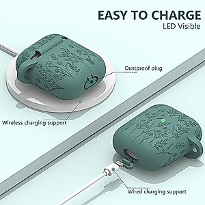 Flower Engraved Case for Apple AirPods 2nd Generation 2019, Soft Silicone Protective Case for AirPods 2nd/1st Gen Case Airpod Case with Clean Kit,Carabiner,Lanyard,Front LED Visible,Pine Green