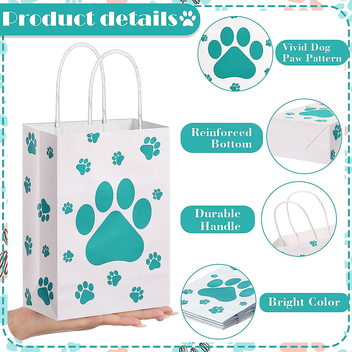 Resurhang 24 Pcs Paw Print Gift Bags with Handle Paper Treat Goodie Dog Gift Bags Dog Birthday Party Favors for Girl Boy Baby Shower, 8.2 x 6 x 3 Inches(Light Pink, Rose Pink, Teal, Purple)