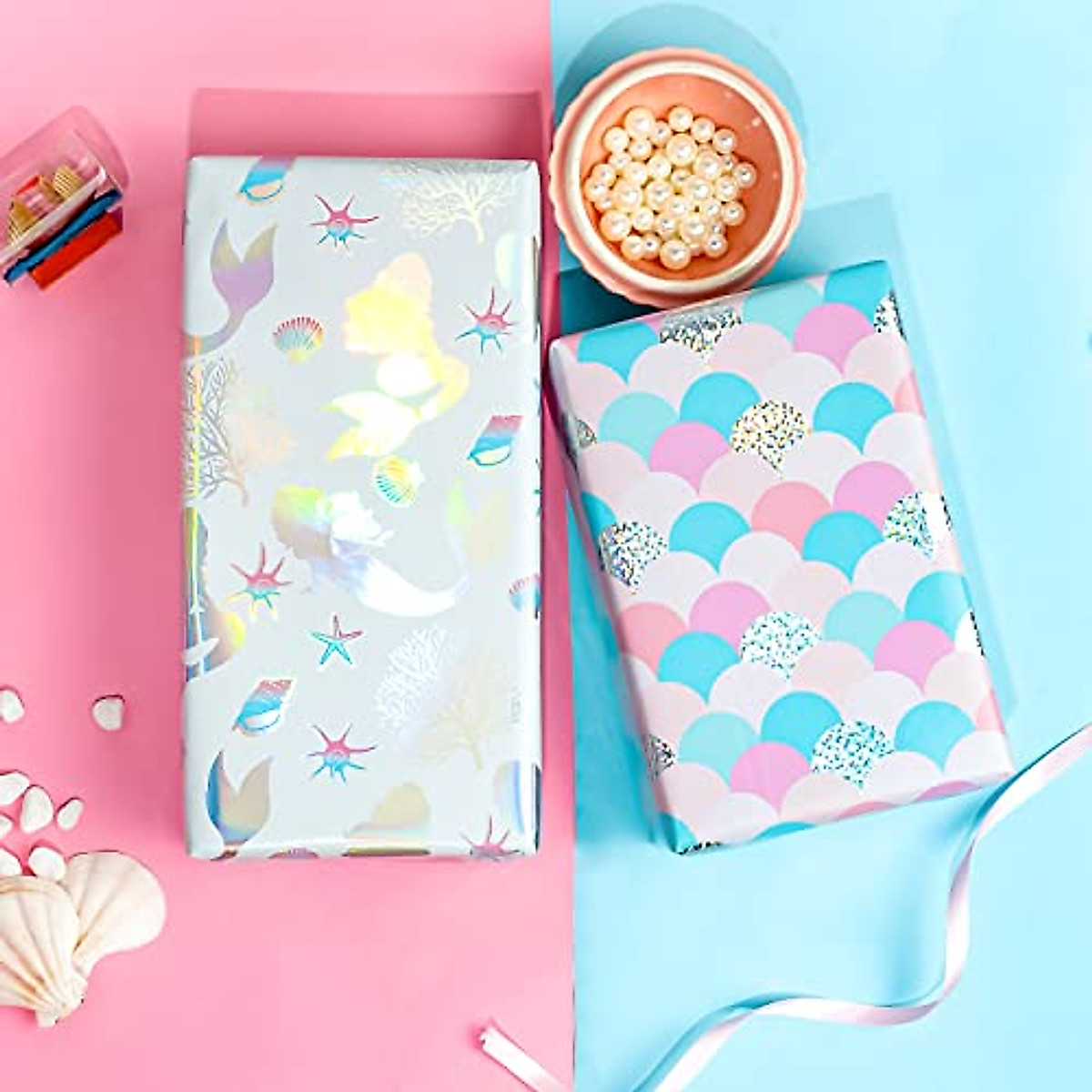 WRAPAHOLIC Wrapping Paper Roll - Mini Roll - 3 Rolls - 17 Inch X 120 Inch Per Roll - Mermaid Scale and Jellyfish Design with Colorful Foil for Birthday, Holiday, Baby Shower