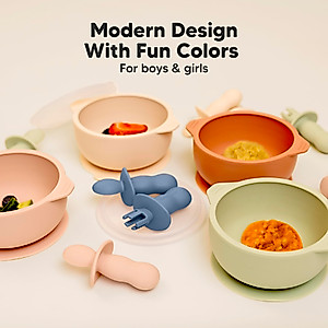 KeaBabies 4-Pack Silicone Baby Spoons and Forks Set - Baby Spoon Self Feeding, BLW Baby Utensils 6-12 Months, Baby Led Weaning Feeding Spoon, Teething Infant Baby First Food Training Pre Spoon(Slate)