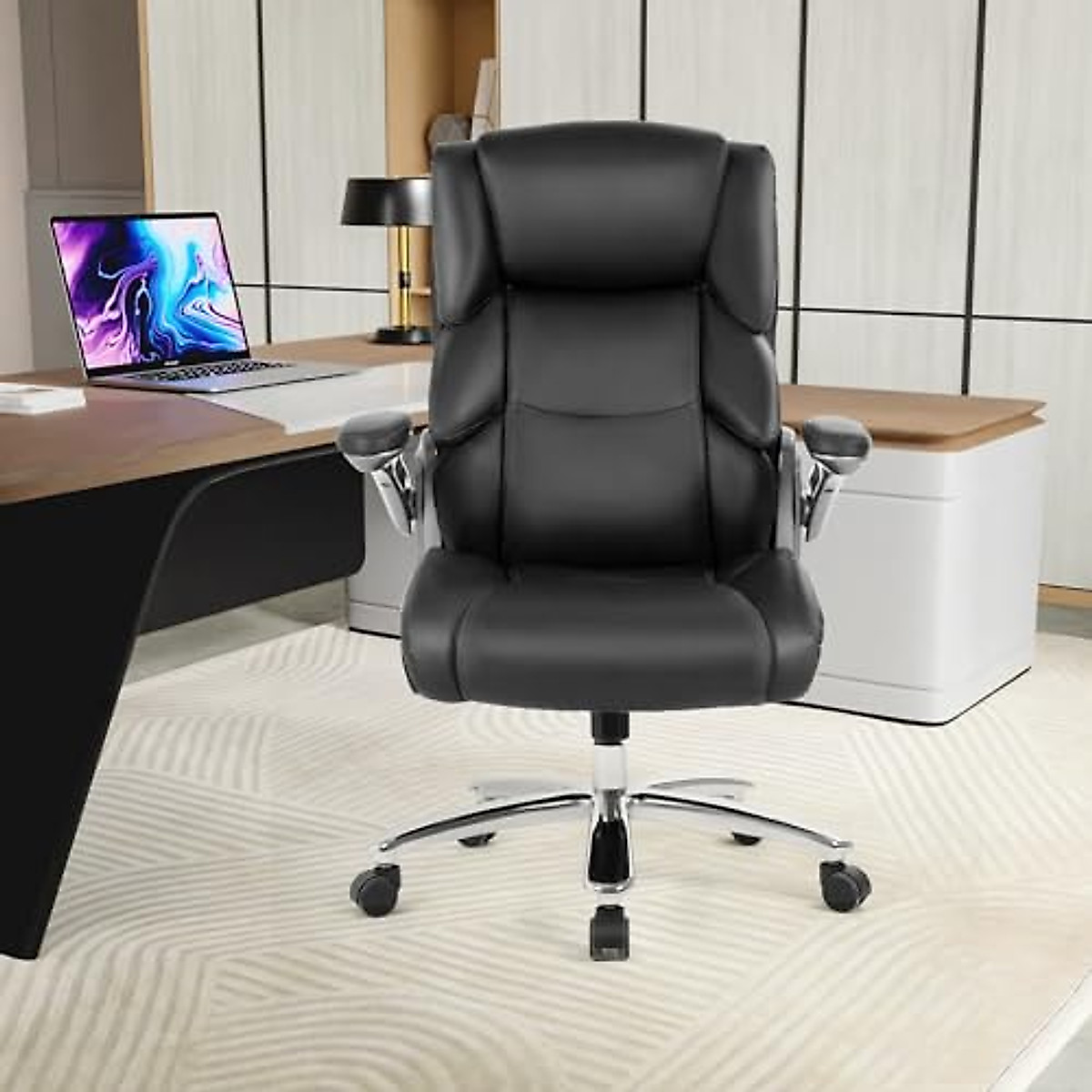 Big and Tall Office Chair 400lbs Ergonomic Computer Desk Chair with High Back, Adjustable Executive Office Chair with Flip-up Armrests, Pu Leather Swivel Task Chair for Home Office, Black