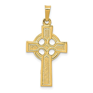 Solid 14k Yellow Gold Celtic Knot Irish Claddagh Cross Charm Pendant - 32mm x 16mm