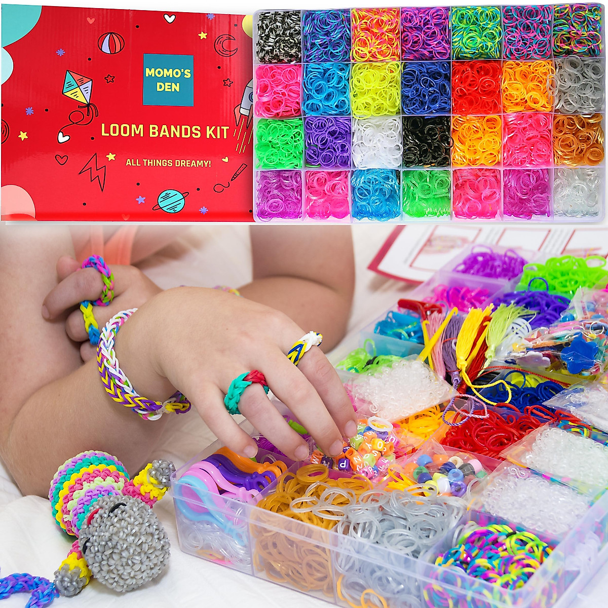 Momo's Den Rubber Band Bracelet Kit Rainbow Color Bands Bracelet Making kit Rubber Band 12100+ Loom Bracelet Kit, Big Giftable Case with Premium Quality Accessories, 28 Colors Refill Kit Boy & Girl