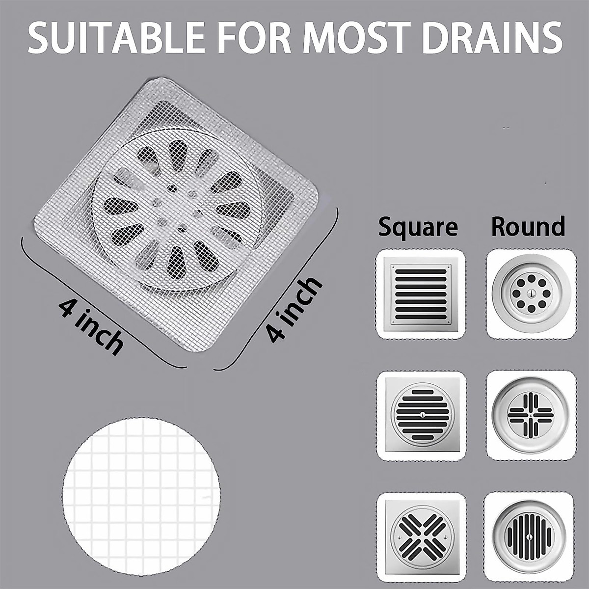 ASOQOLA 30 Pack,4"" X 4"" Disposable Shower Drain Cover, Hair Catcher Shower Drain Mesh Stickers, Bathroom, Laundry, Bathtub, Kitchen, Sink for Human and Pet Hair (30 PCS), Gray, ZZDLT-30P