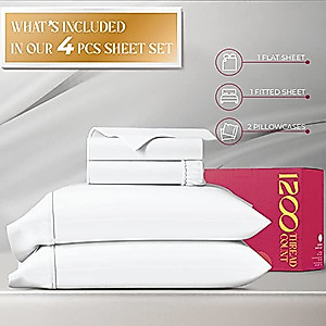 Mayfair Linen 5-Star Hotel Quality 1200 Thread Count 100% Supima Cotton Sheets for Queen Size Bed, 4 Pc Bright White Premium Cotton Sheet Set, Sateen Weave with Elasticized Deep Pocket