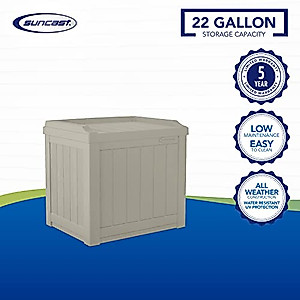 Suncast Small Deck Box-Lightweight Resin Indoor/Outdoor Storage Container and Seat Cushions and Gardening Tools Store Items on Patio, Garage, Yard, 22 Gallon, Light Taupe