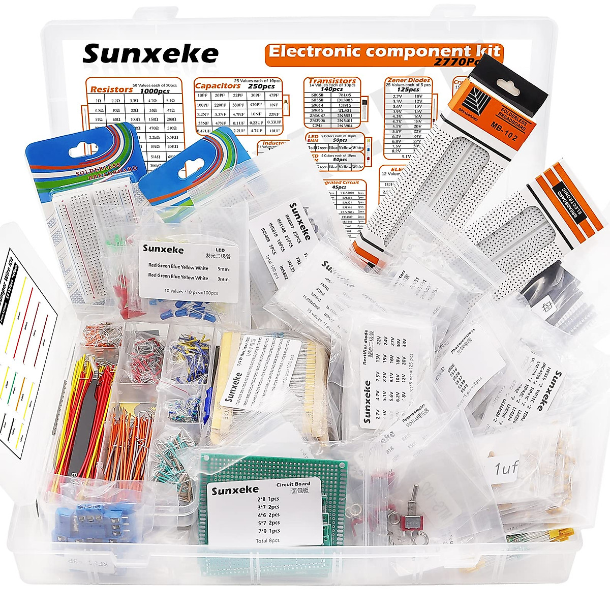 Sunxeke Electronic Component DIY Assortment Kit,Include Resistors,Capacitors,Triode,PCB,Tact Switch,Toggle Switch，Potentiometer,LED,Inductors,Crystal oscillator,Integrated Circuit.