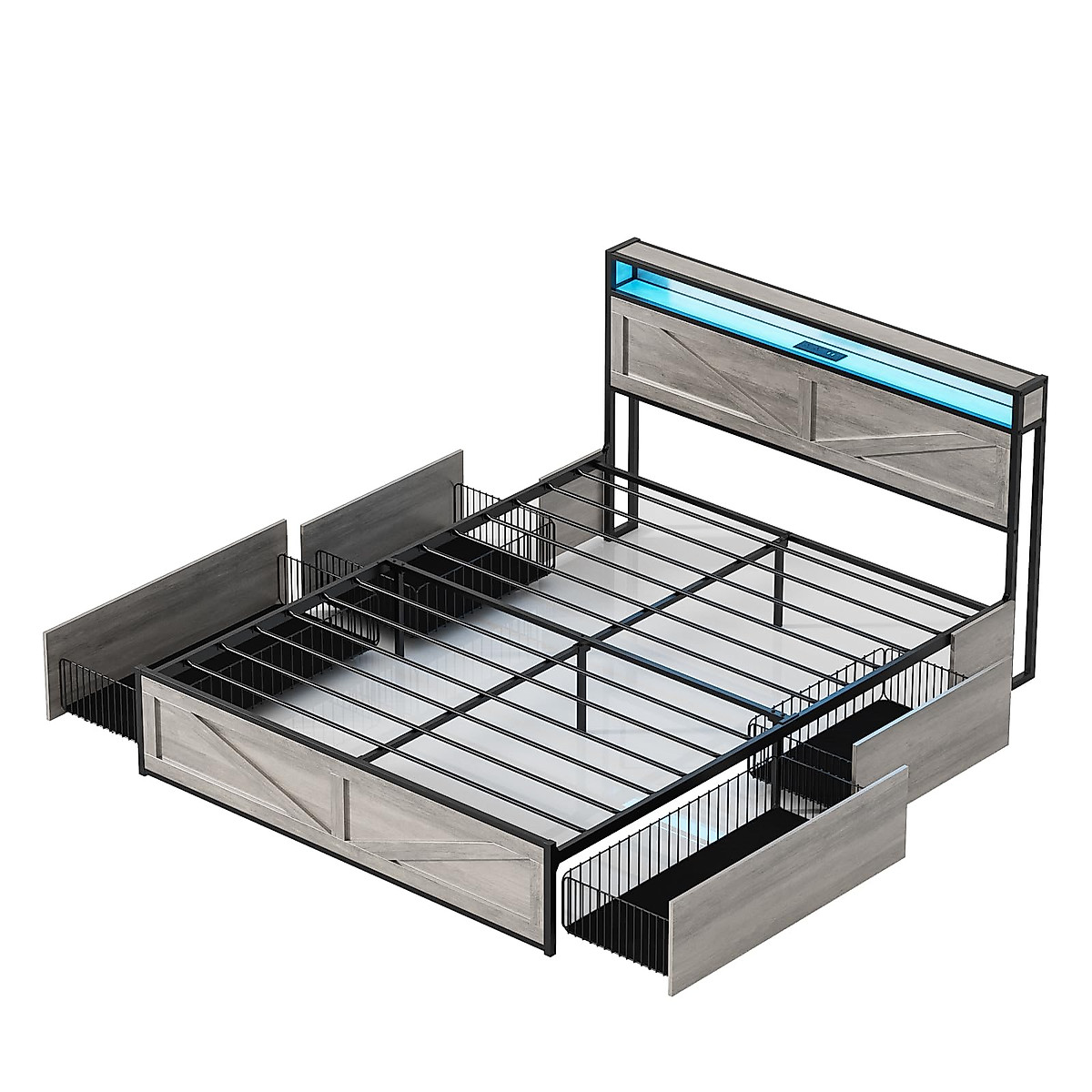 Halitaa LED Queen Size Bed Frame with Charging Station & 4 Drawers, Platform Metal Bed Frame with Headboard USB Ports Outlets, Farmhouse Bed Frame with LED Lights, Noise Free, Wash Grey (Queen)