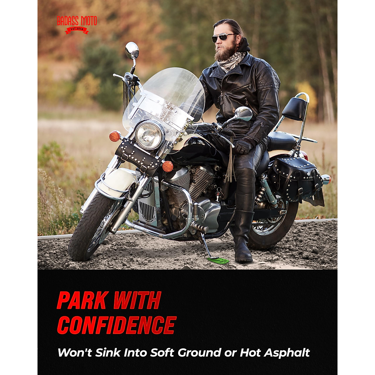 Badass Moto Motorcycle Kickstand Pads - Motorcycle Pads Durable Motorcycle Kickstand Plate, Biker Kick Stand, Motorcycle Stand Pad - Park Your Bike on Hot Pavement, Grass, Soft Ground - Go Fast Green