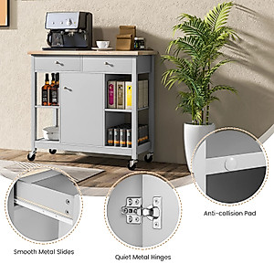 LOKO Kitchen Island on Wheels, Rolling Kitchen Serving Cart with 2 Drawers, 4 Open Shelves & Adjustable Shelf, 3-Tier Kitchen Cart with Rubber Wood Top for Home Kitchen & Coffee Bar, Grey