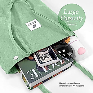 Corduroy Tote Bags for Women Girls, Large Capacity Reusable Grocery Shoulder Bag with Inner Pockets (Bean)…, Green