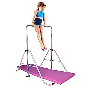 5 Star TD Gymnastics Bar Horizontal Kip Bar + 2x6 Tri Fold Mat Junior Training Adjustable Expandable Height Jungle Gym Children Monkey Bars Climb Tower Playground Balance Bar Gymnasts (Pink)