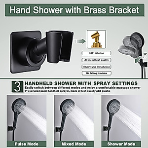 10" High Pressure Rainfall Shower Head with Handheld Combo, Upgrade 12" Extension Arm Height Adjustable, Powerful Shower Head, Brass Shower Holder Extra Long Shower Hose, Matte Black
