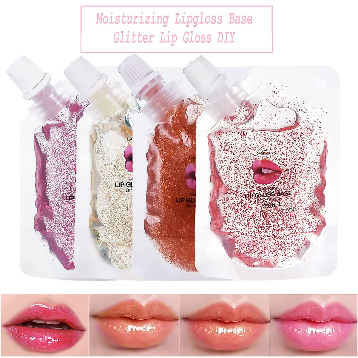 Sumeitang 4 Color Glitter Lip Gloss Base Kit, Moisturize Lip Gloss Base Oil Material Lip Makeup Primers for DIY Handmade Making Lip Balms and Lipgloss Set(4 Pack x 20ML)