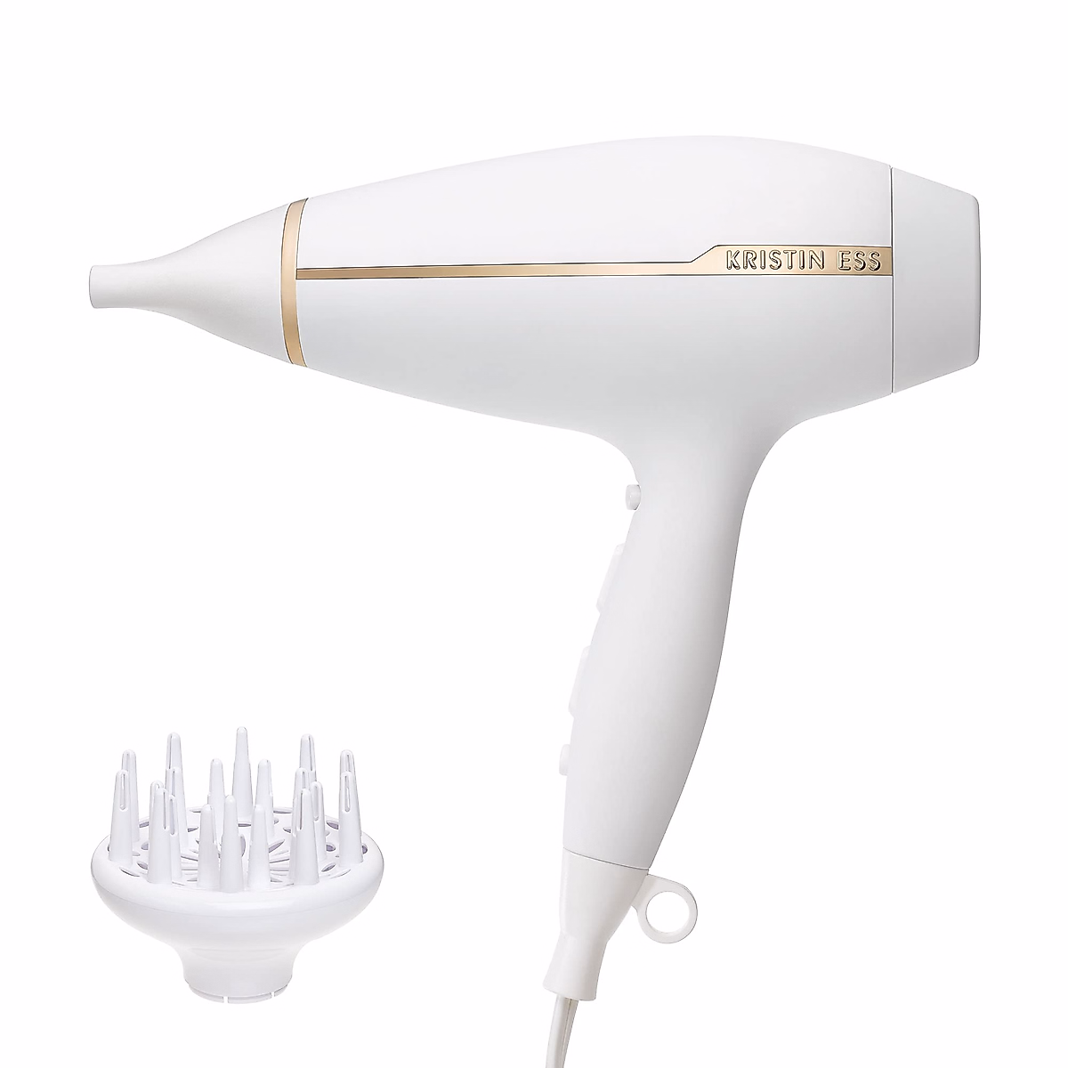 Kristin Ess Hair Iconic Professional Style Blow Dryer with Smoothing Nozzle + Diffuser - 1875W Dual Voltage Hair Dryer - Ionic Settings for Smoothing + Frizz Control - 2 Speeds + 3 Heat Settings